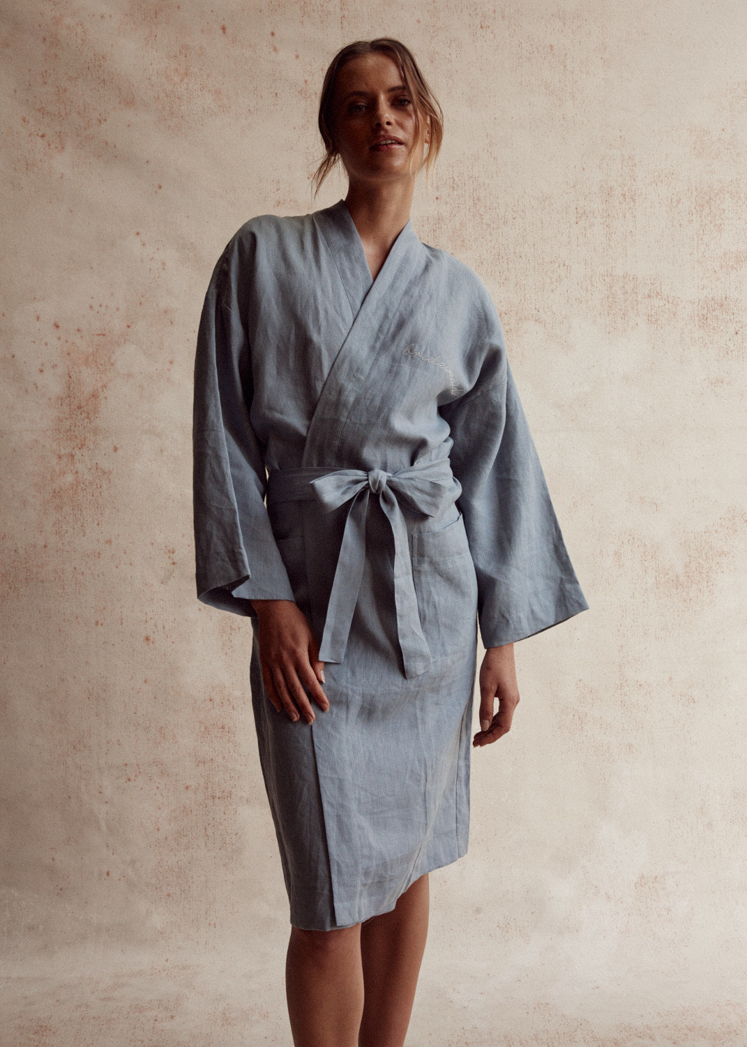 Addison French Linen Robe in Denim Blue – Dove Grey Bridal